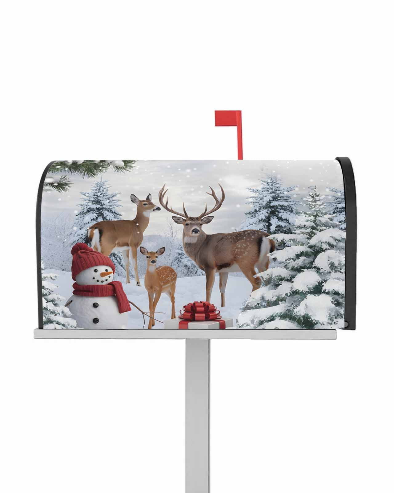 Christmas Mailbox Cover, Winter Redsnowman Deer Pine Trees Nature Snow ...