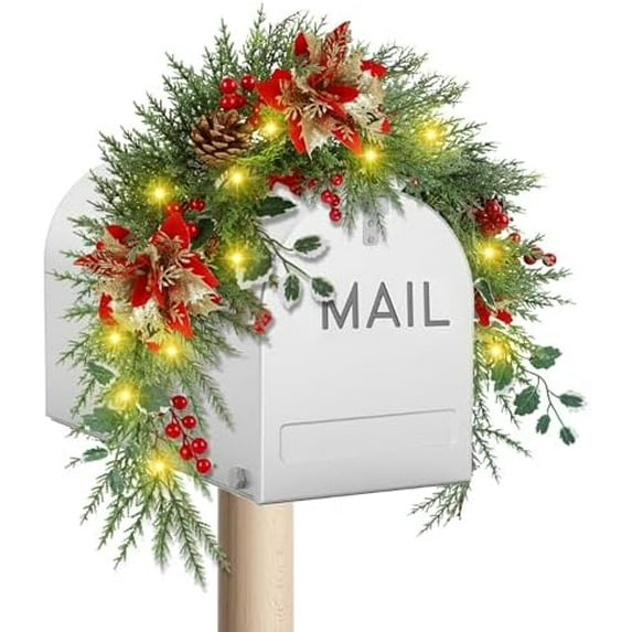 Christmas Mailbox Swag with Lights – 3 FT Prelit Outdoor Swags Garland ...