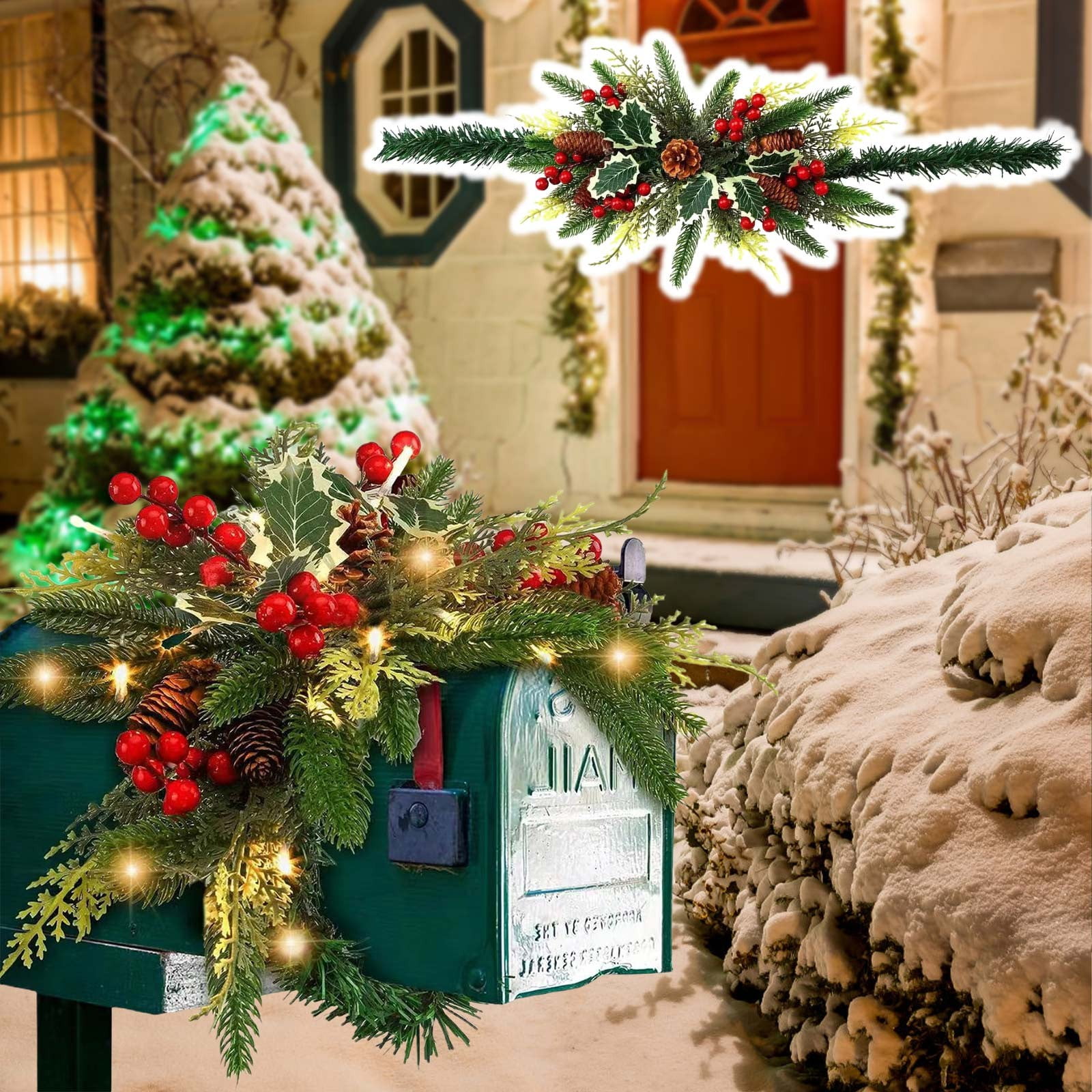 Christmas Mailbox Swag with Red Berries Light Up Wreath 36 in/3 Ft ...