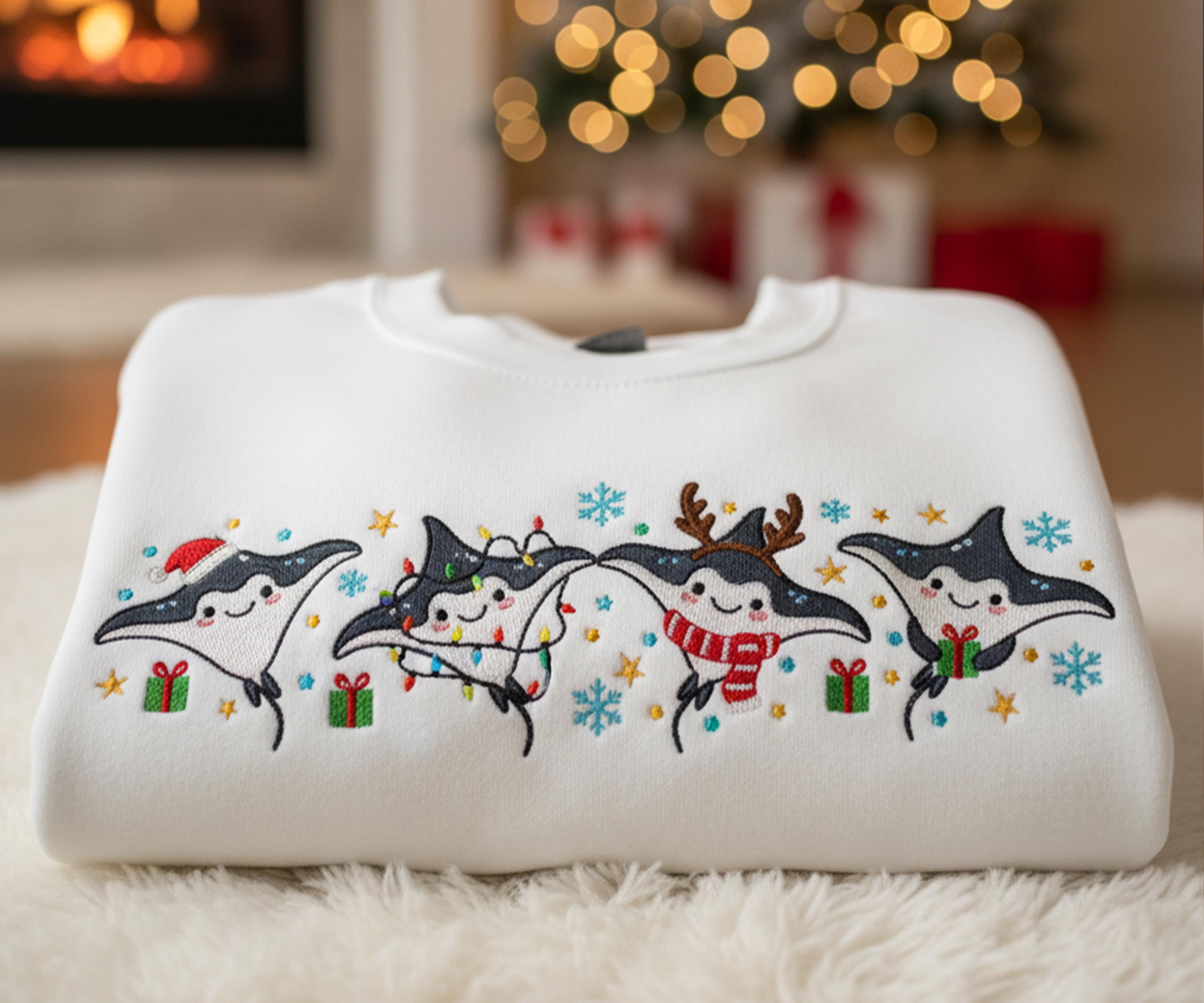 Christmas Manta Ray Embroidered Sweatshirt, Cute Sea Animal Xmas ...