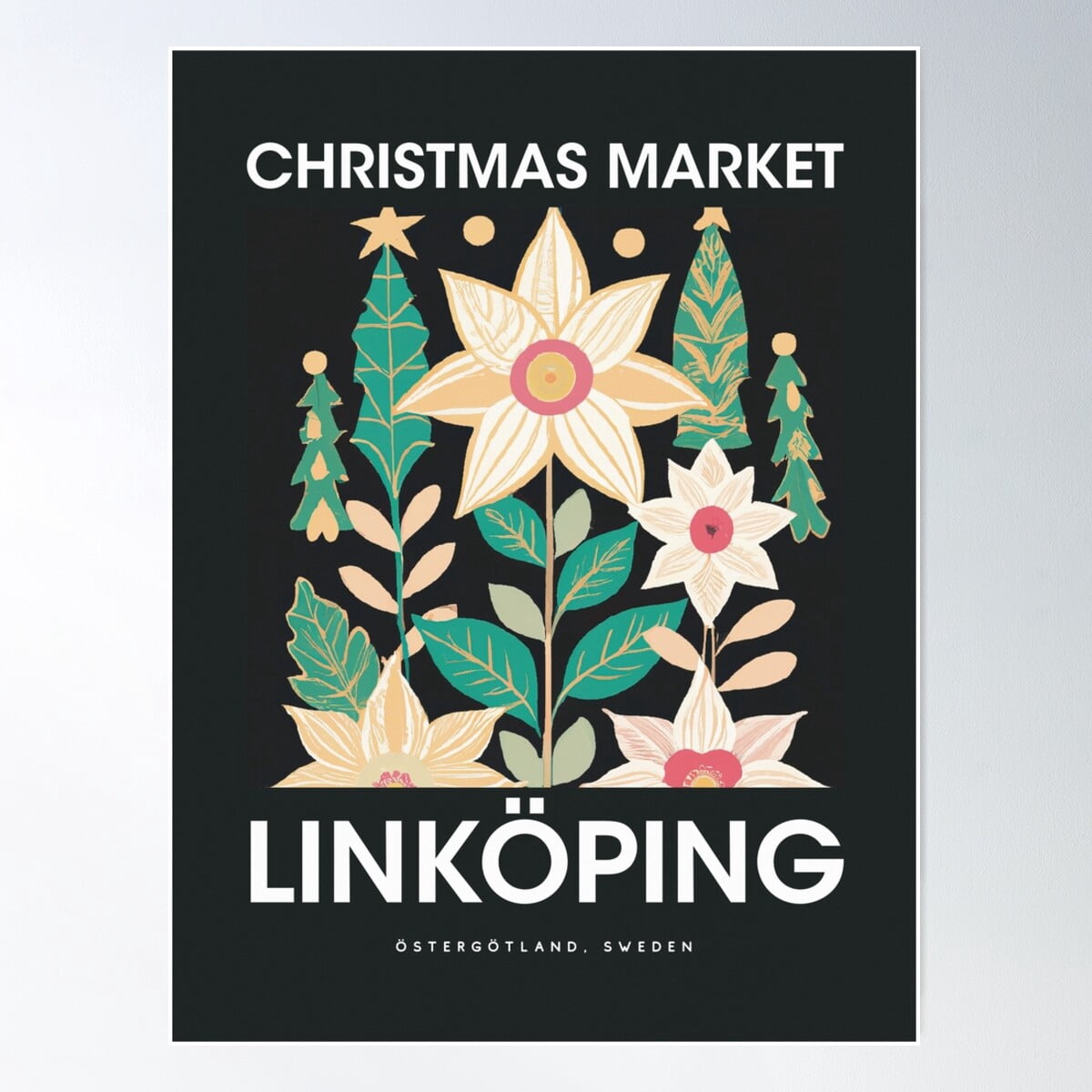 Christmas Market Linkoping Poster Sweden 1960S Retro Art Winter Plants ...