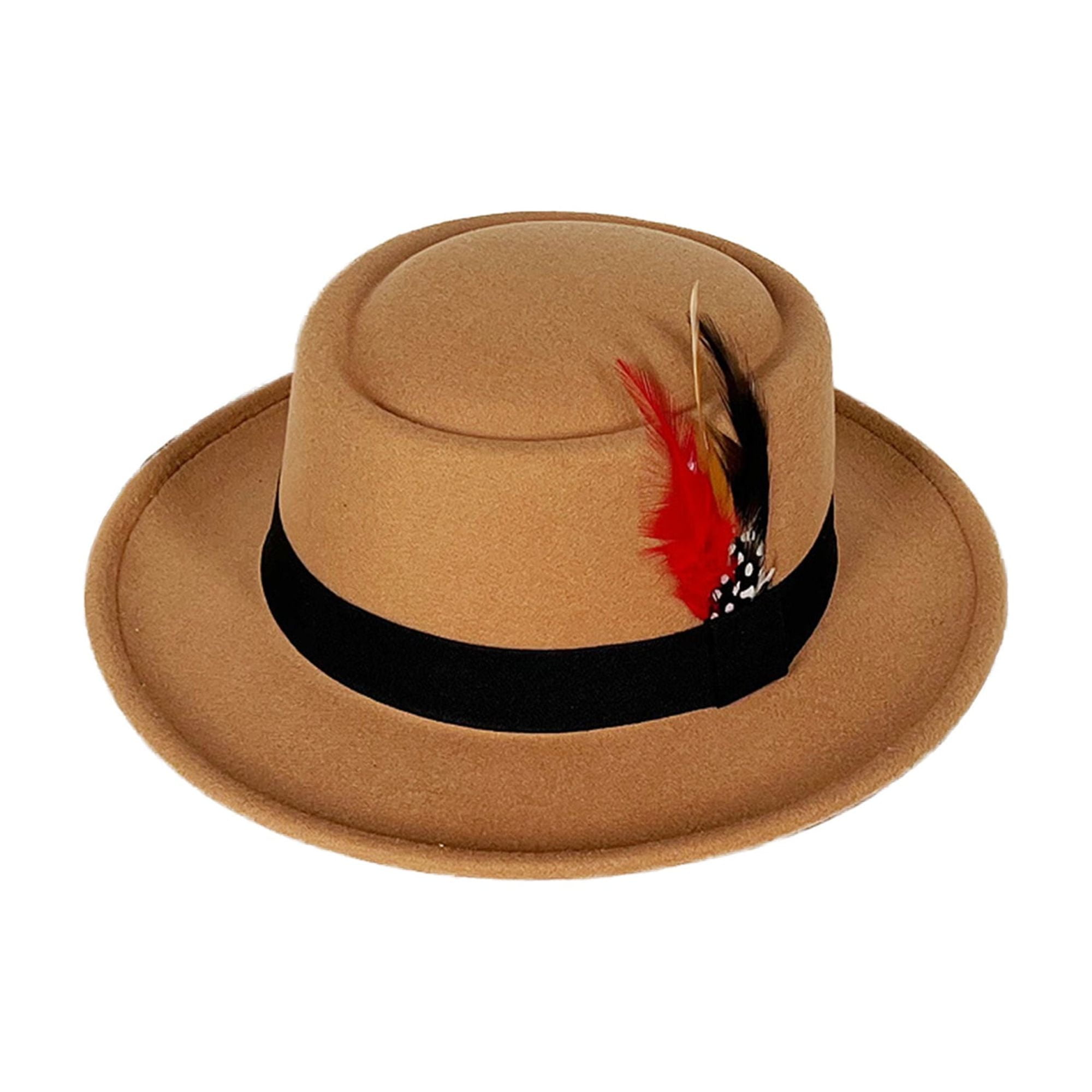 Christmas Men Fedora Hat with Wide Brim Feather Wool Felt Cap Top Hat ...