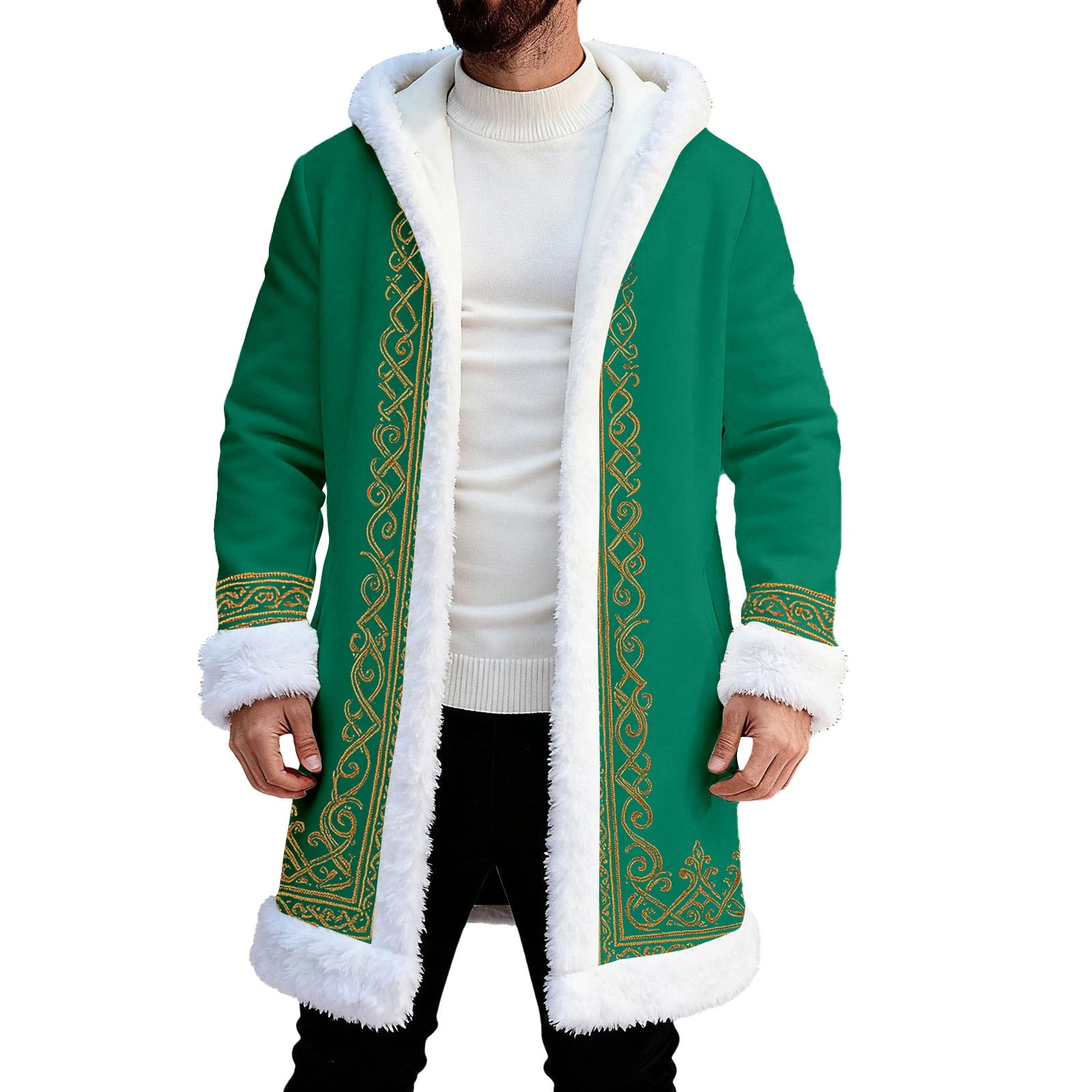 Christmas Men's Long Cardigan Hoodies Santa Claus Furry Trim Unisex ...