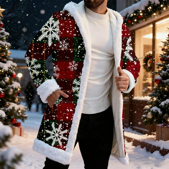 Christmas Men's Long Cardigan Hoodies Santa Xmas Faux Fur Trim Hooded ...