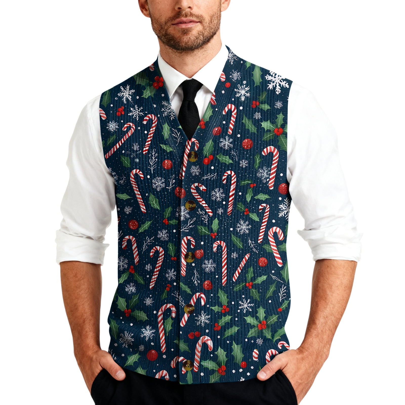 Christmas Sweater Vest for Men V-Neck Button Sleeveless Cardigan Big ...