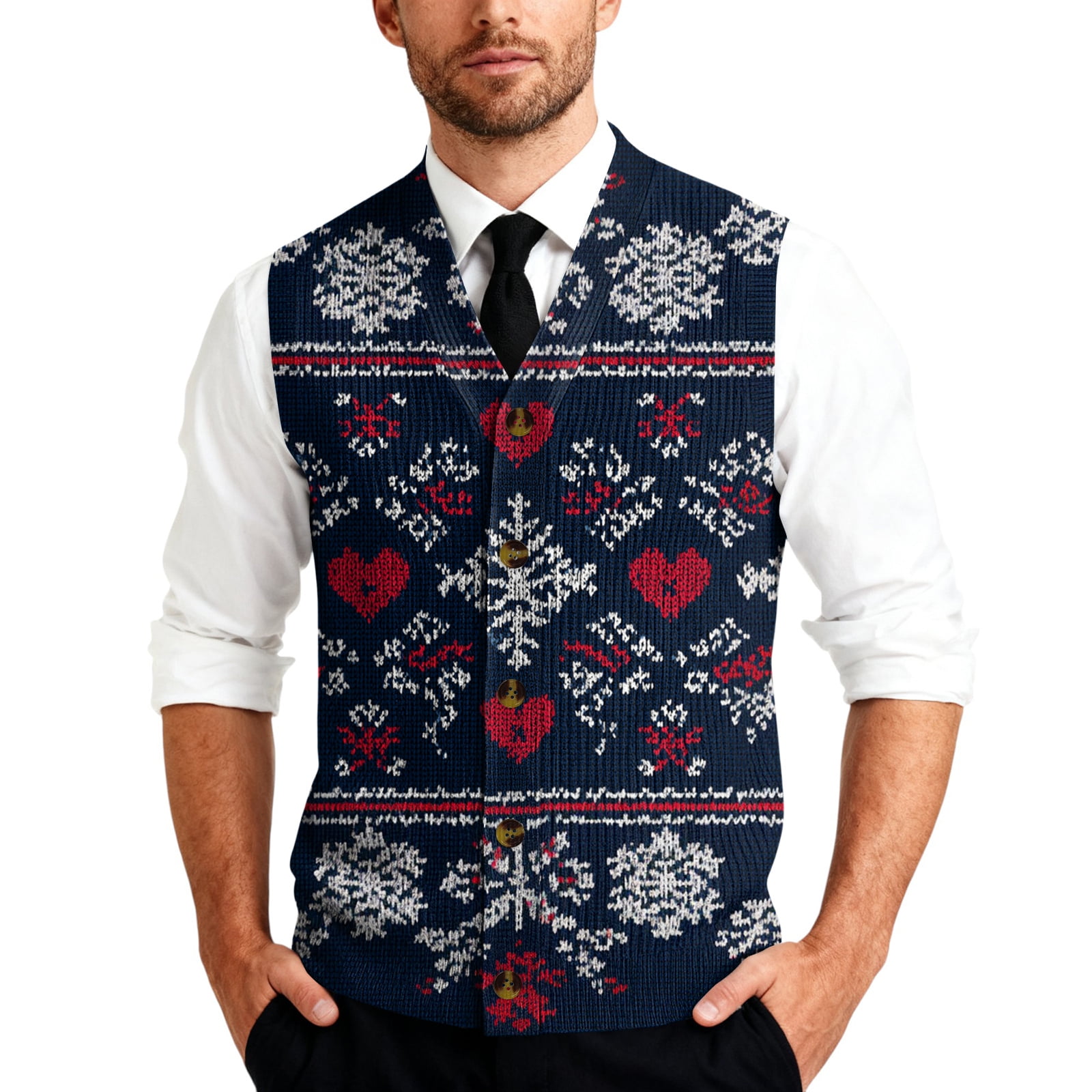 Christmas Men's Sweater Vests V-Neck Sleeveless Button Up Cardigan Big ...