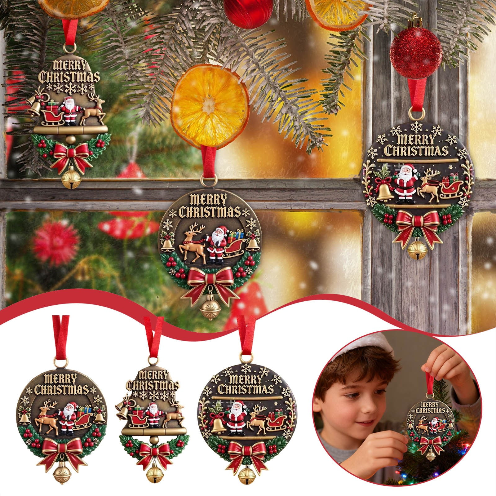 Christmas Metal Gold Bells 3pcs Gold Bells with Red Bow & Santa Tree ...