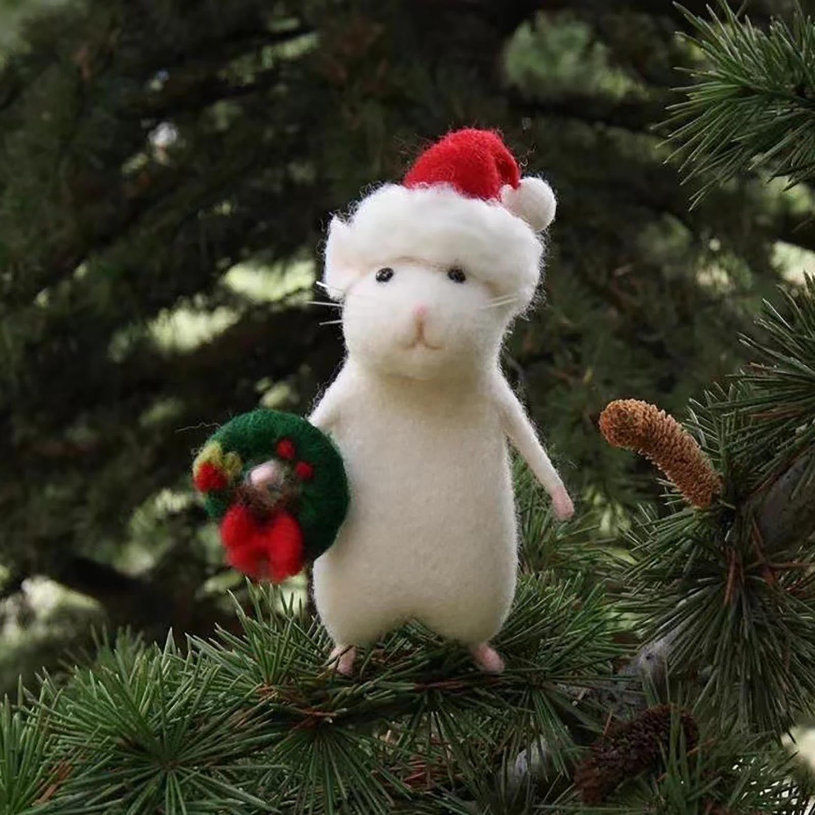 Christmas Mice Ornaments, Winter Xmas Wool White Mouse Hanging Decor ...