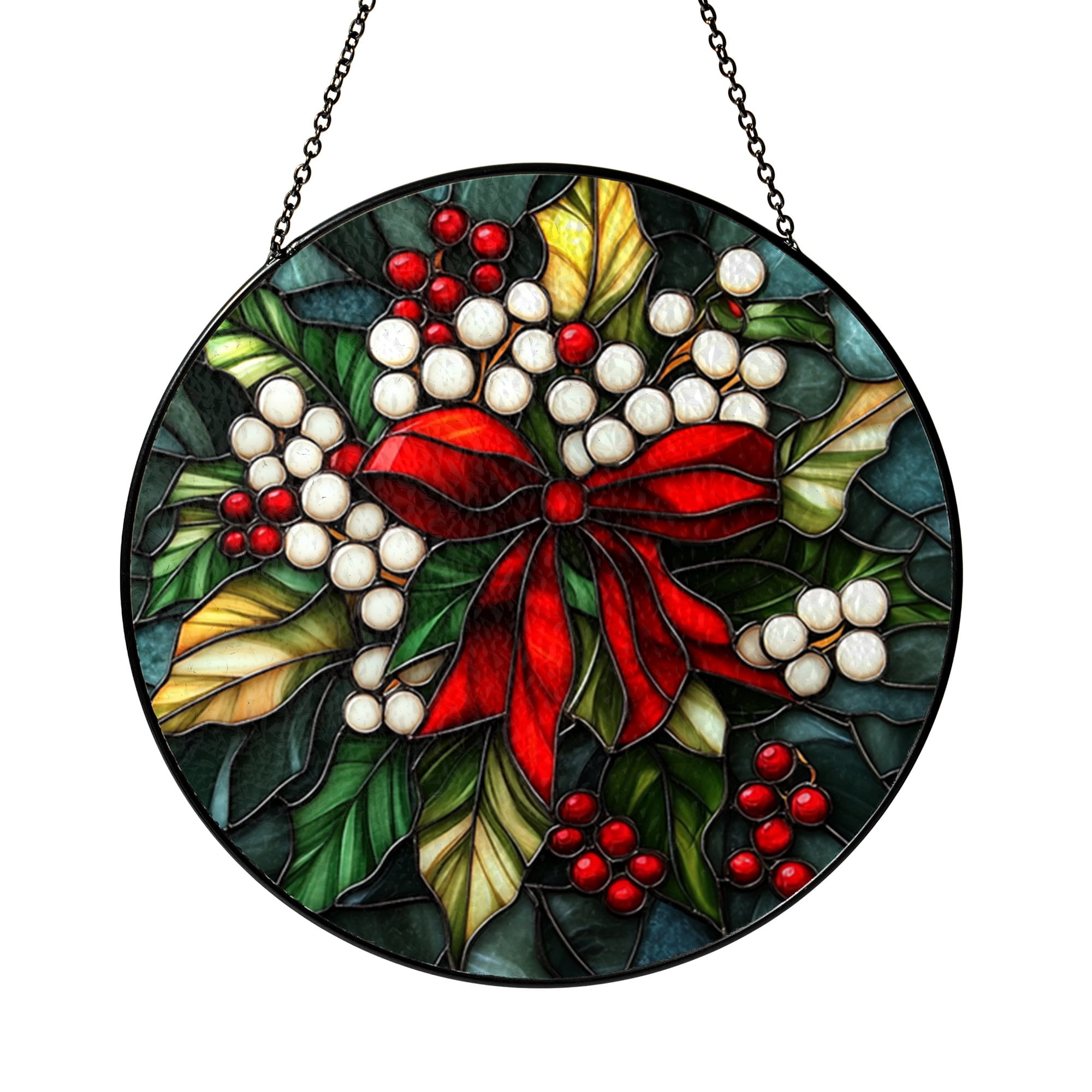Christmas Mistletoe Glass Suncatcher with Red Bow, Holiday Window Decor ...
