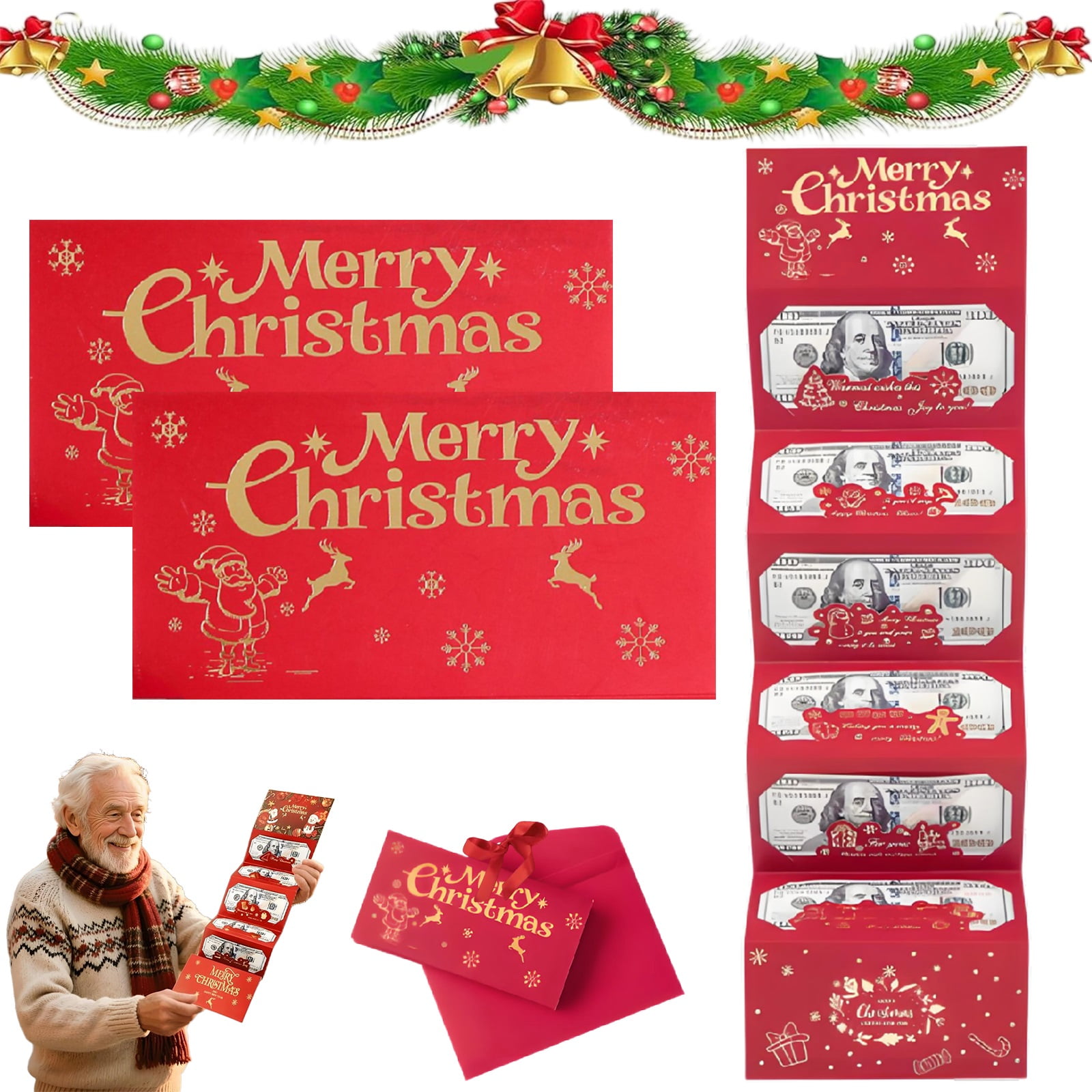 Christmas Money Holders for Cash, Christmas Cash Envelope, 6-Grid Red Envelopes, 2025 New ...