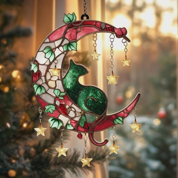 Christmas Moon Cat Acrylic Suncatcher And Ornament, Green Red Faux ...