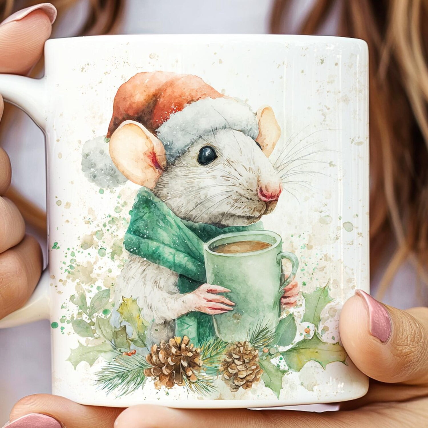 Christmas Mouse Ceramic Mug, Holiday Coffee Cup, Festive Hot Chocolate ...