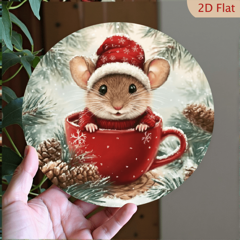 Christmas Mouse with Coffee Cup Round Metal Sign - Vintage Aluminum ...