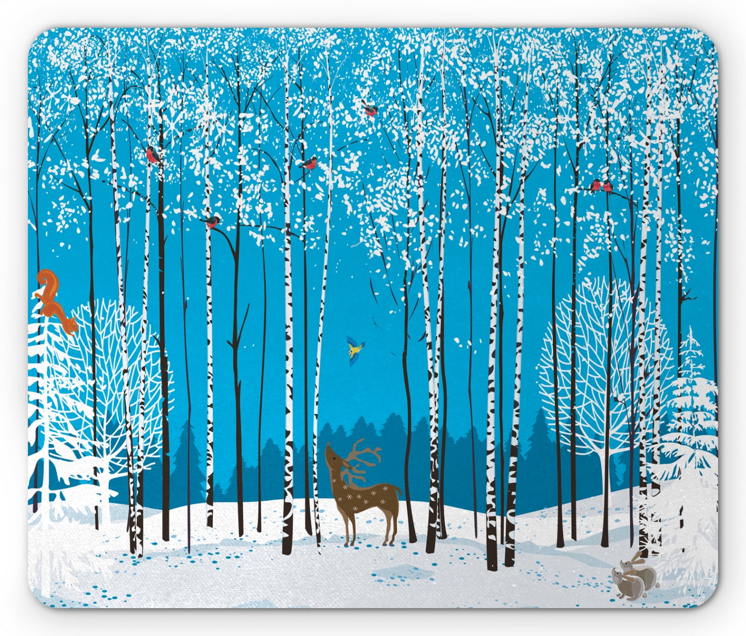 Christmas Mouse Pad, Snow Covered Forest with Flock of Bullfinches ...