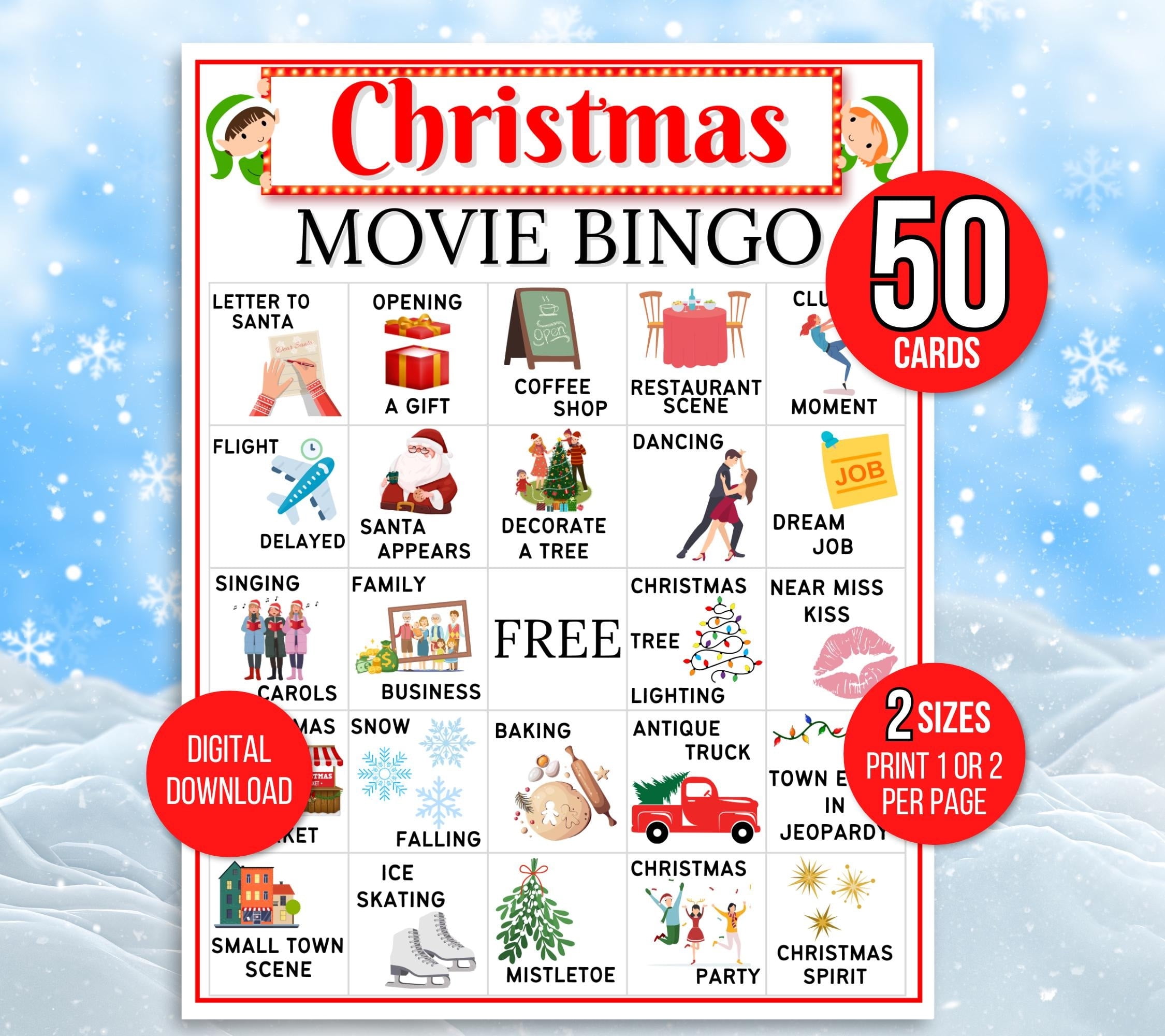 Christmas Movie Bingo, 50 Holiday Movie Bingo Cards, Hallmark TV ...