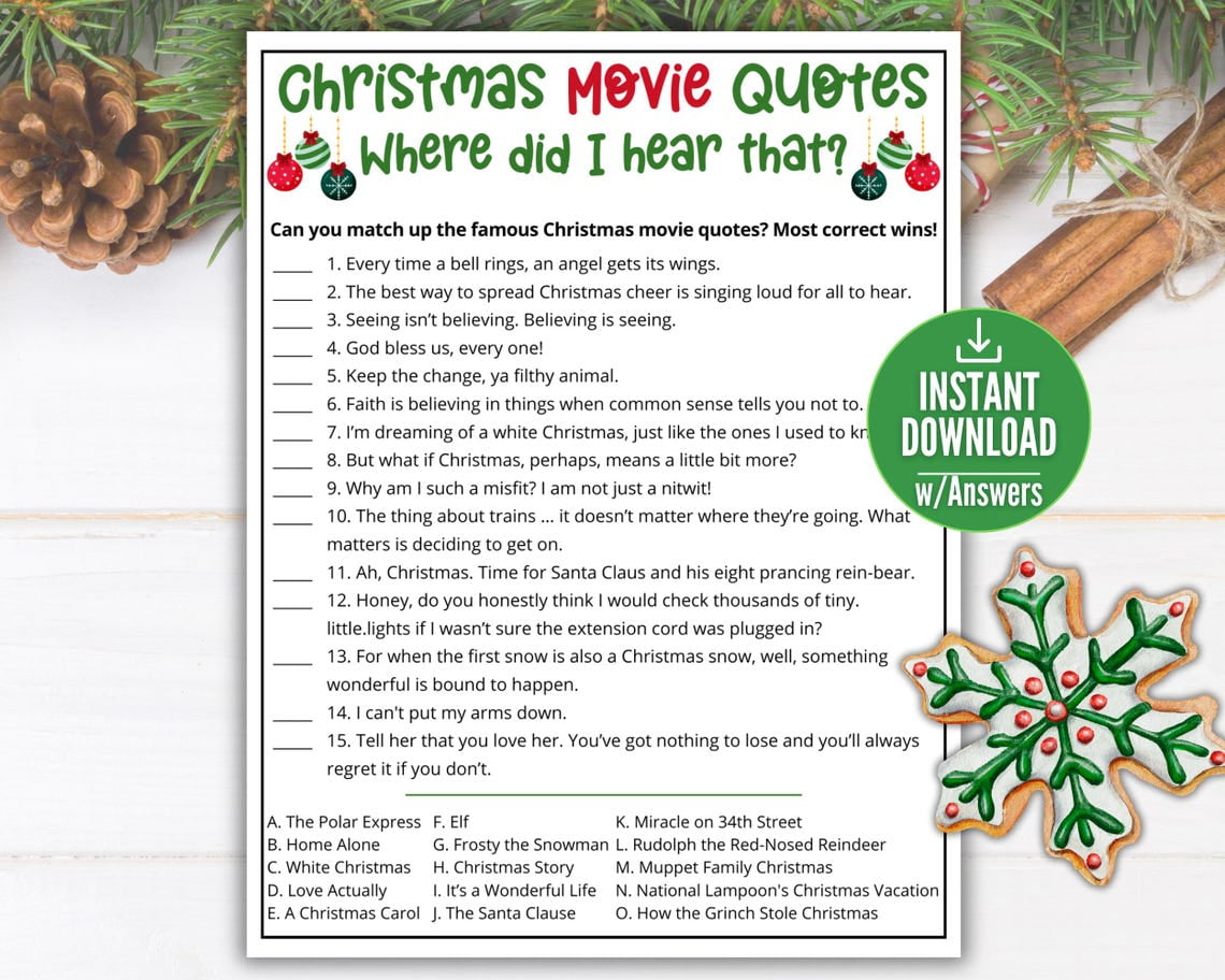 Christmas Movie Quote Trivia Game Xmas Movies Quote Challenge Christmas ...