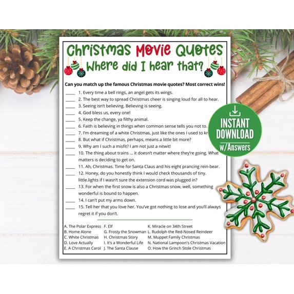Christmas Movie Quote Trivia Game Xmas Movies Quote Challenge Christmas ...