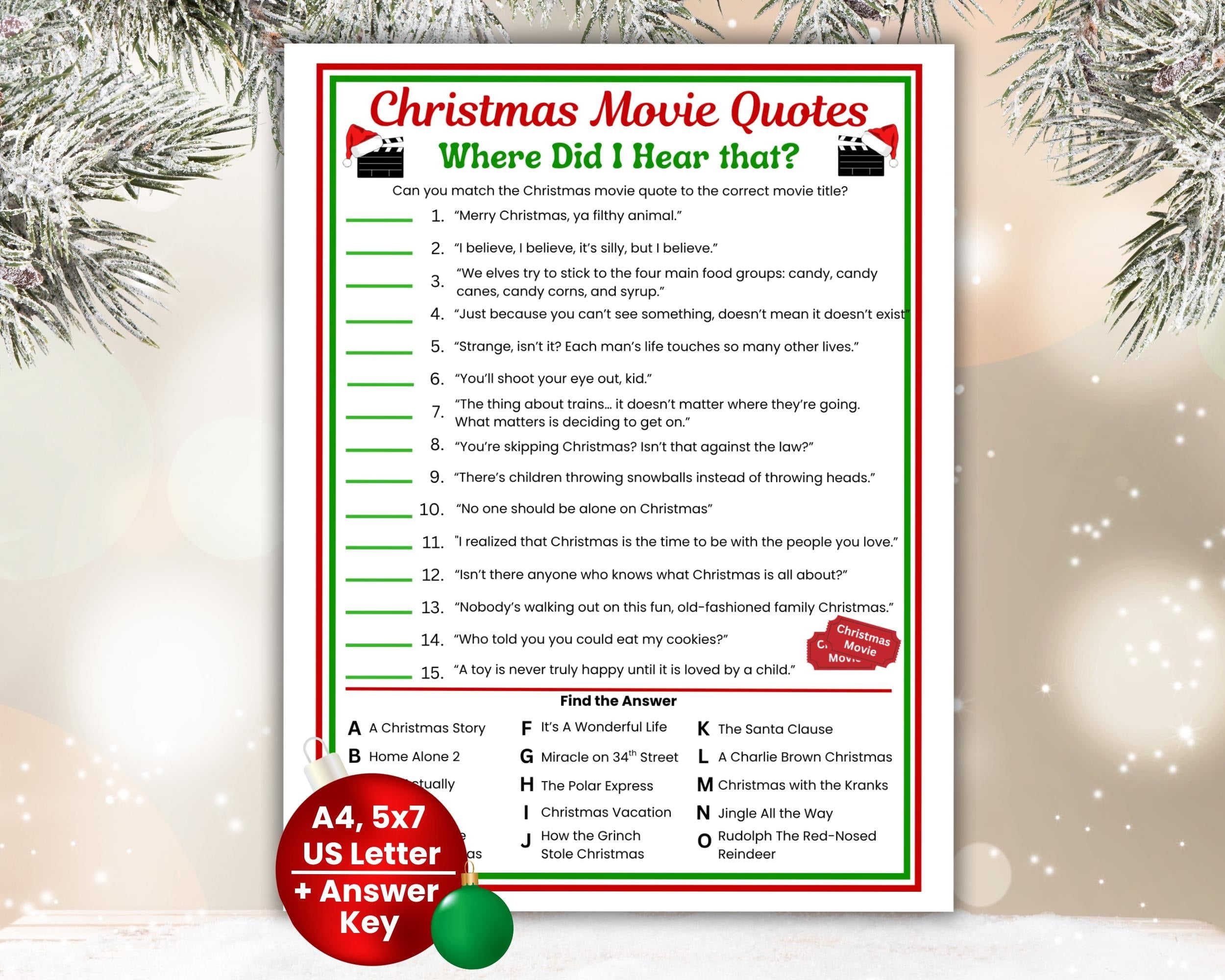 Christmas Movie Quotes Trivia Game, Holiday Film Quote Activity ...
