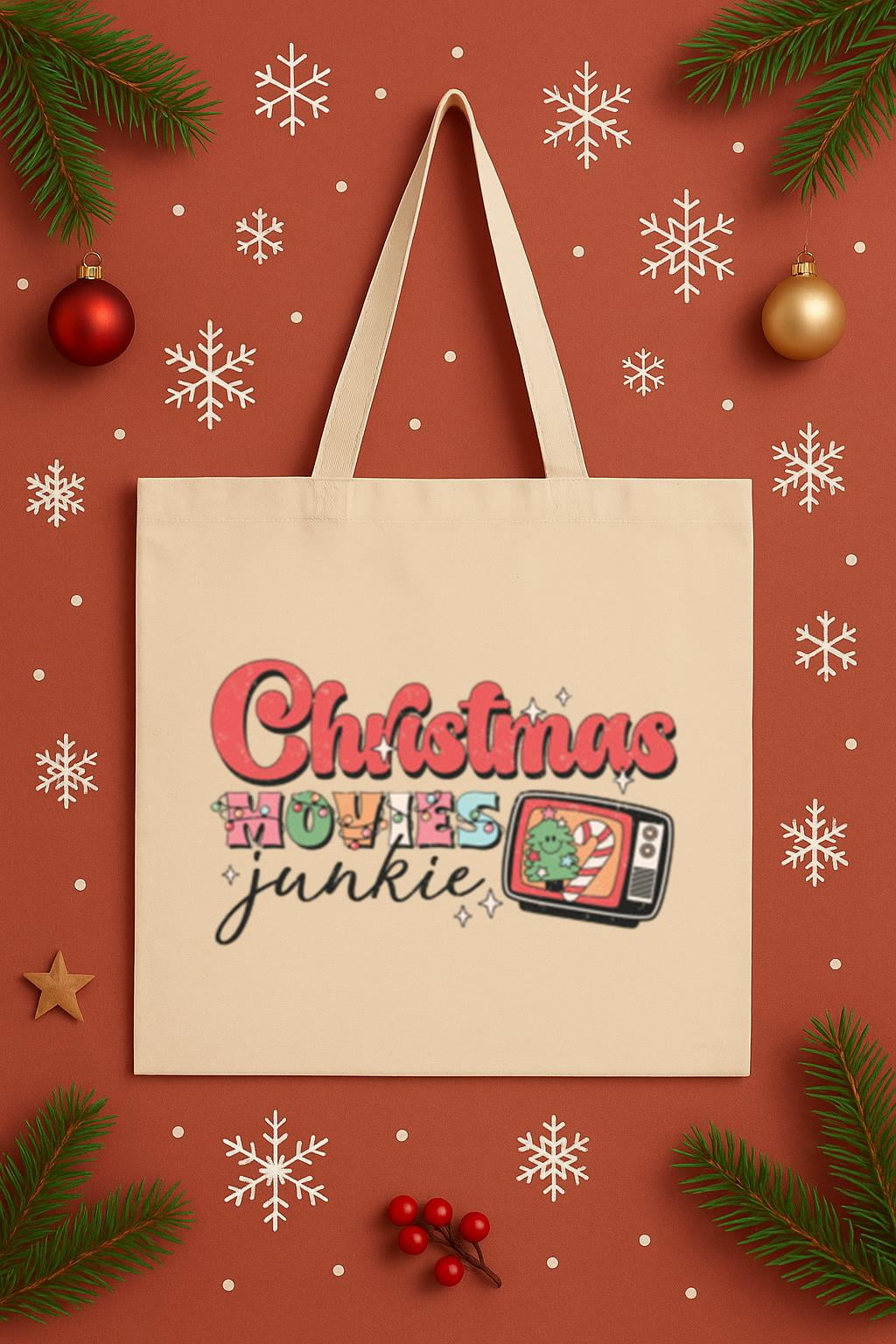 Christmas Movies Junkie Funny Tote Bag Holiday Film Watcher Binge Fan ...