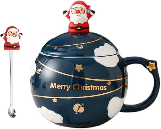 Christmas Mugs with Santa Figurines, Round Mug with Lid Spoon Santa ...