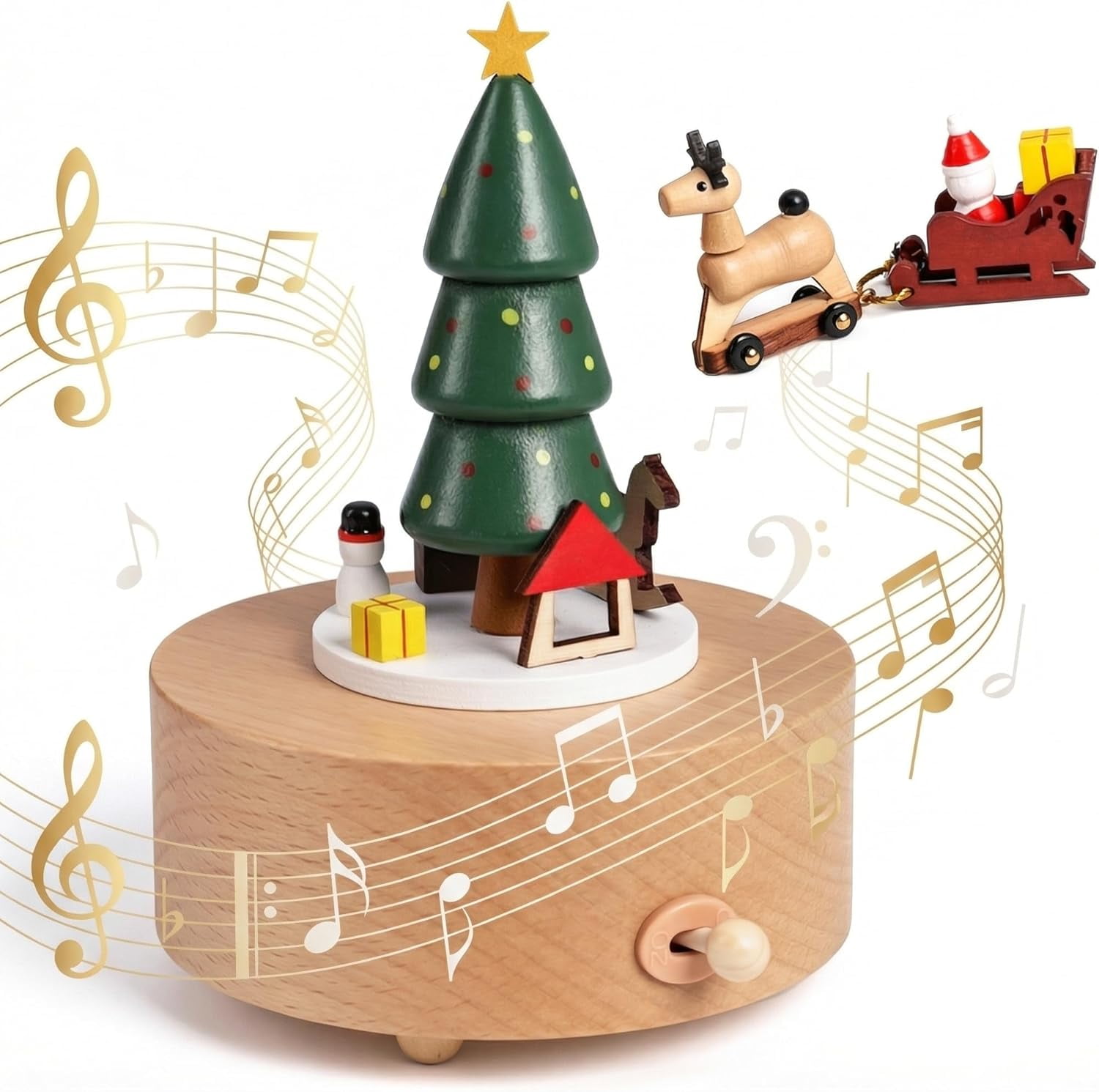 Christmas Music Box – Wooden Tree Musical Decor, Wind-Up Desk Ornament ...
