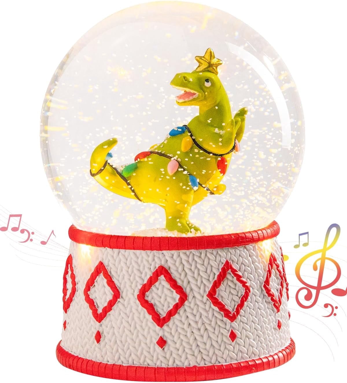 Christmas Music Snow Globe with LED Lights, Dinosaur,Festive Decor for ...