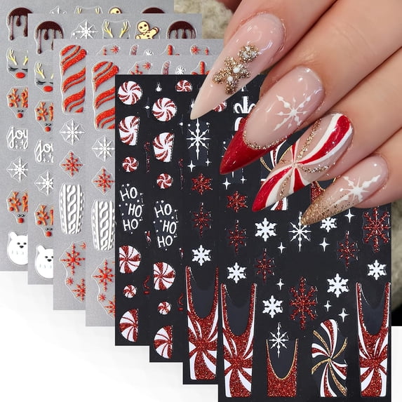Christmas Nail Stickers 5D Embossed Nail Decals Glitter Xmas Candy ...