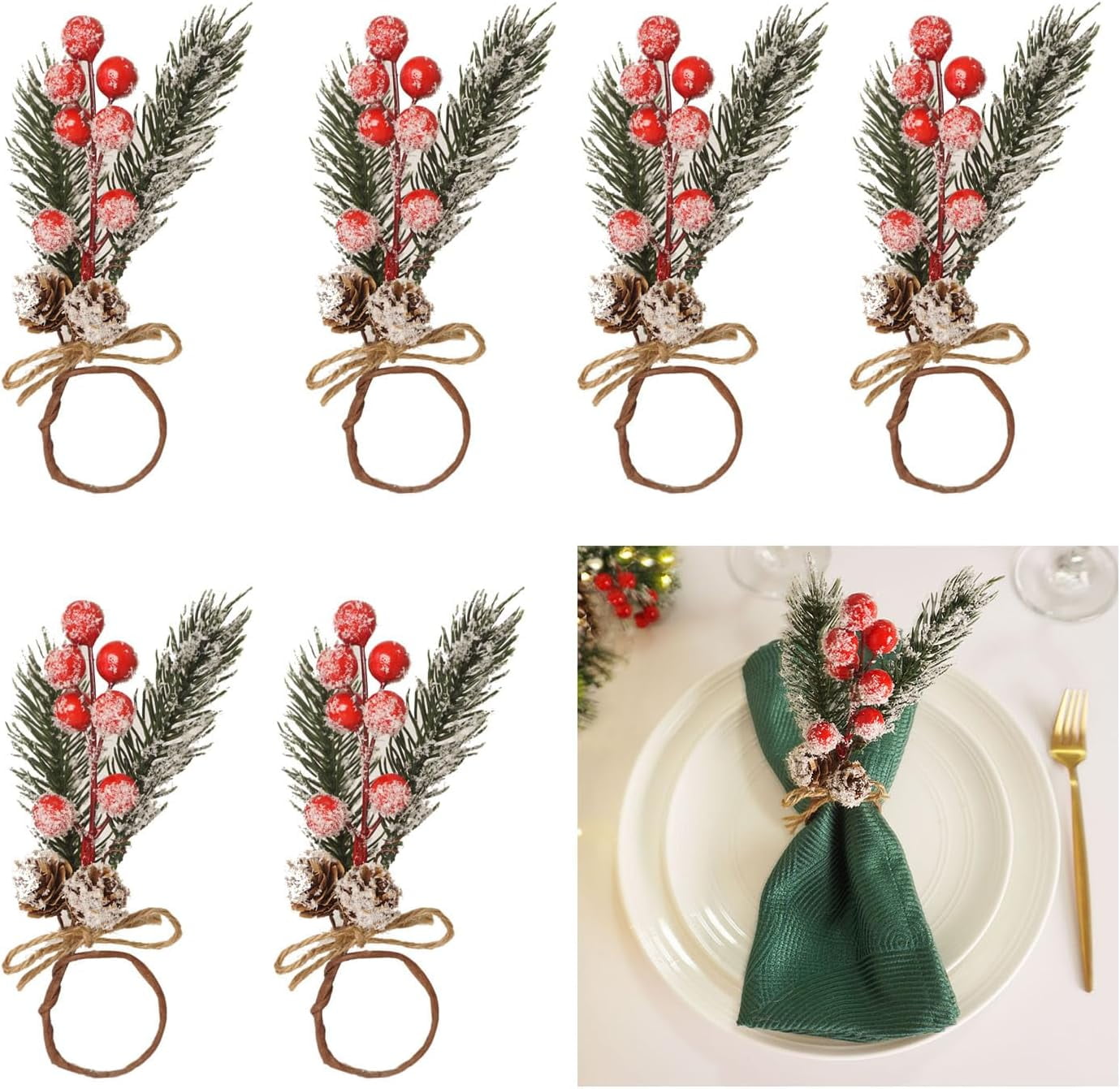 Christmas Napkin Rings Set of 6, Snowy Pine Cone Napkin Rings with ...
