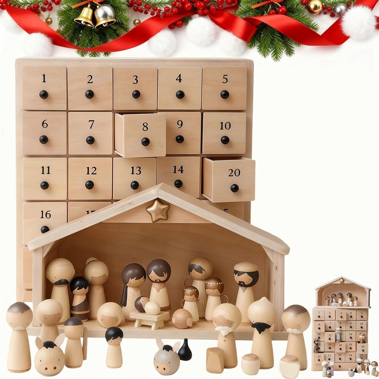 Christmas Nativity Advent Calendar by The Rescuer, Wooden Chest with 25 ...