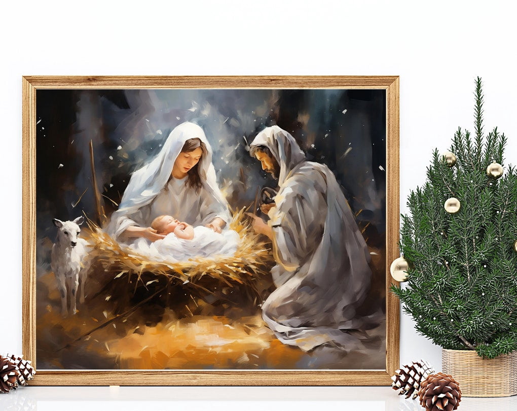Christmas Nativity Birth Of Jesus Art, Mary Joseph And Baby Jesus ...
