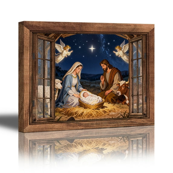Christmas Nativity Scene Canvas Wall Art, Holy Night with Angels Framed ...