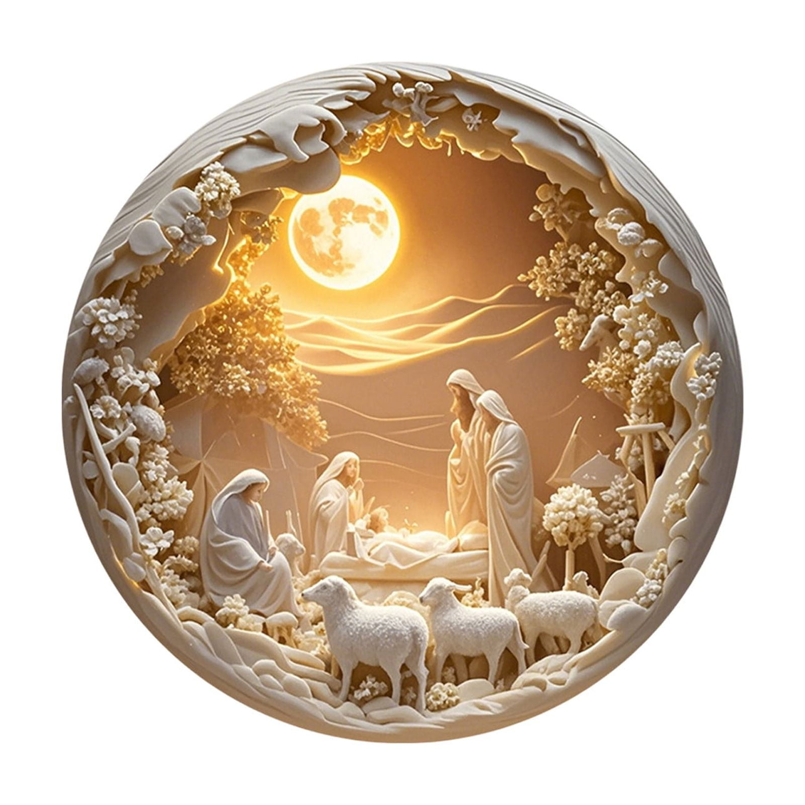 Christmas Nativity Scene Ornaments, Round Religious Wooden Hanging 2D ...