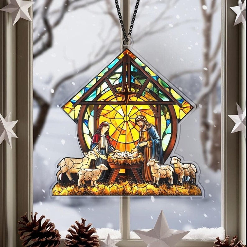 Christmas Nativity Scene Suncatcher – Faux Stained Acrylic Christian ...
