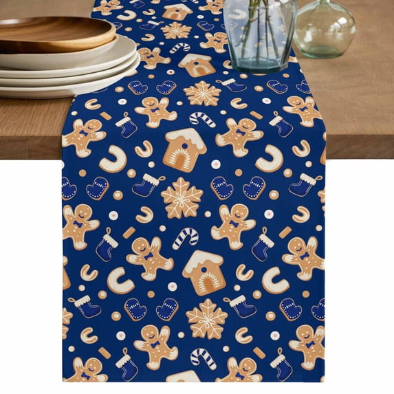 Christmas Navy Blue Table Runner 120 Inches, Cute Gingerbread Man Xmas ...