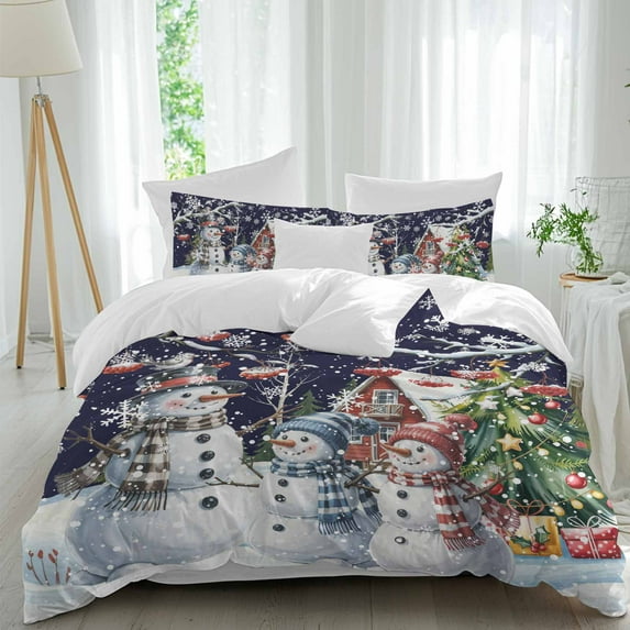 Christmas Navy Comforter Set Twin Size, Blue Snowman Chalet Pine Branch ...