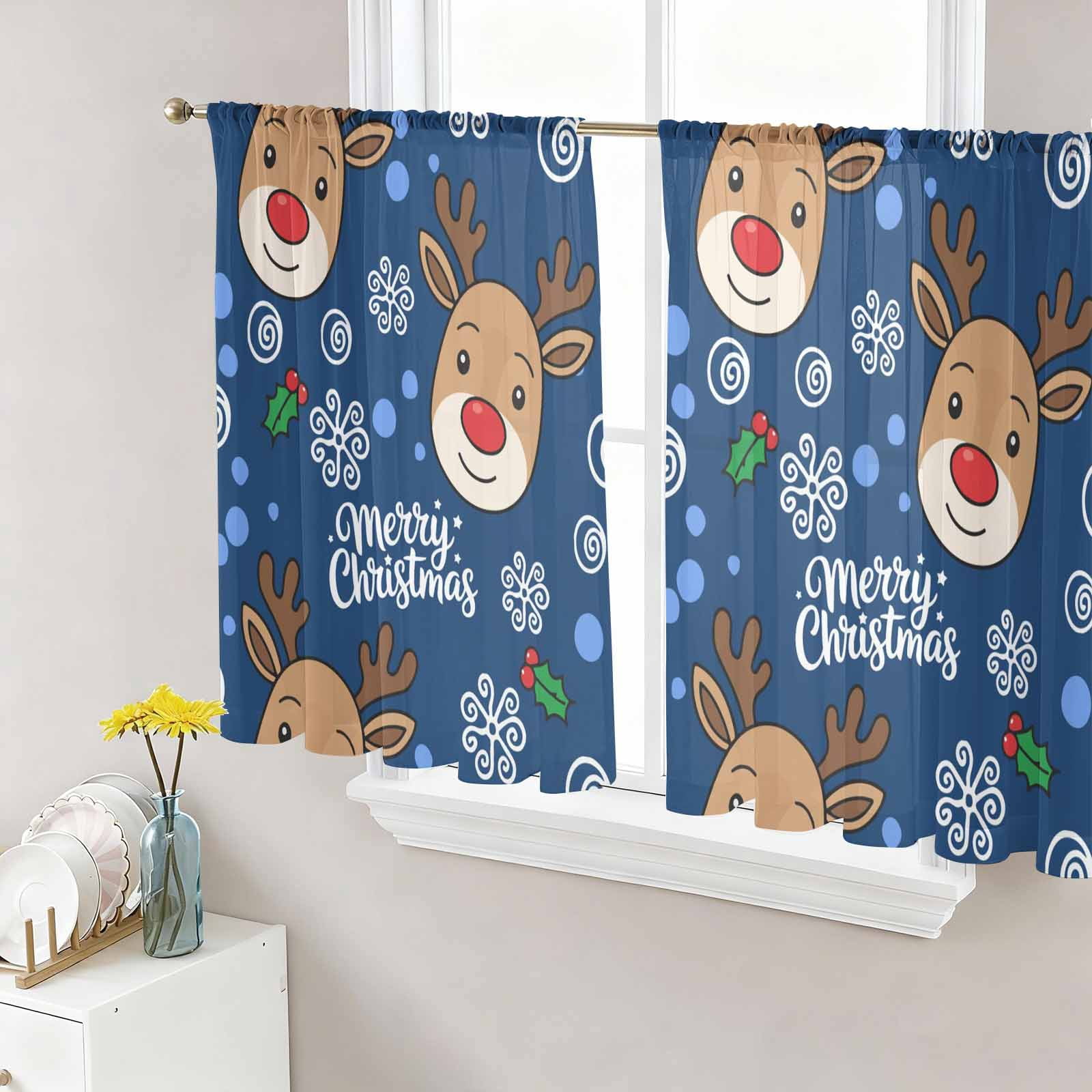 Christmas Navy Sheer Curtains 45 Inch Length 2 Panels Set, Xmas Cute ...