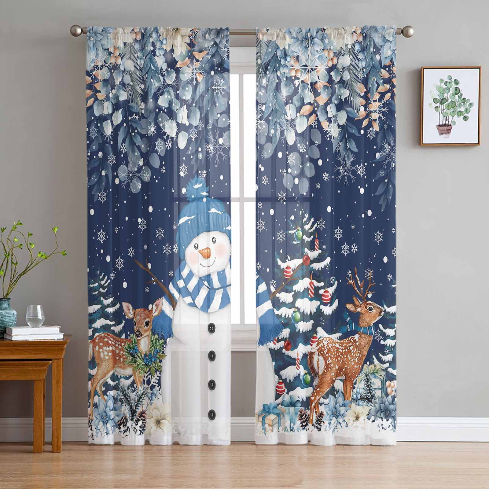 Christmas Navy Sheer Curtains 84 Inches Long, Snowman Elk Eucalyptus ...