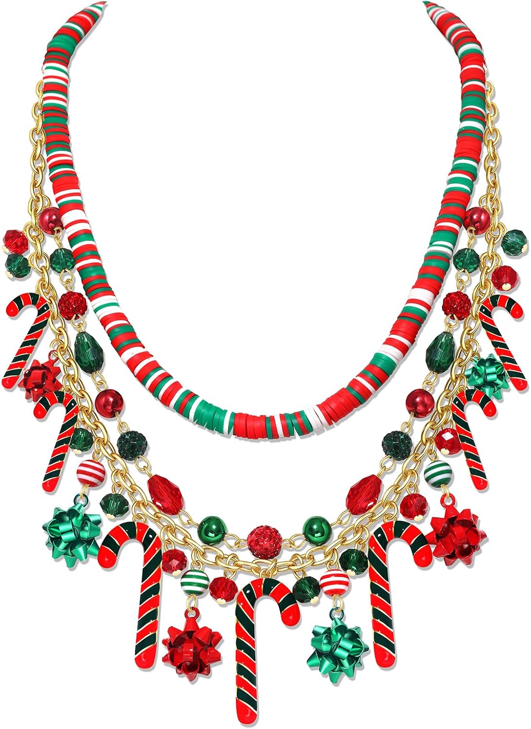 Christmas Necklace for Women Layered Xmas Bow Candy Cane Pendant ...