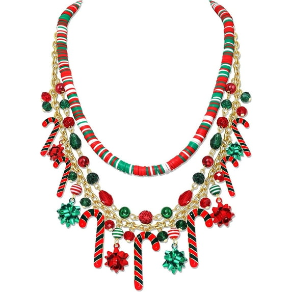 Christmas Necklace for Women Layered Xmas Bow Candy Cane Pendant ...