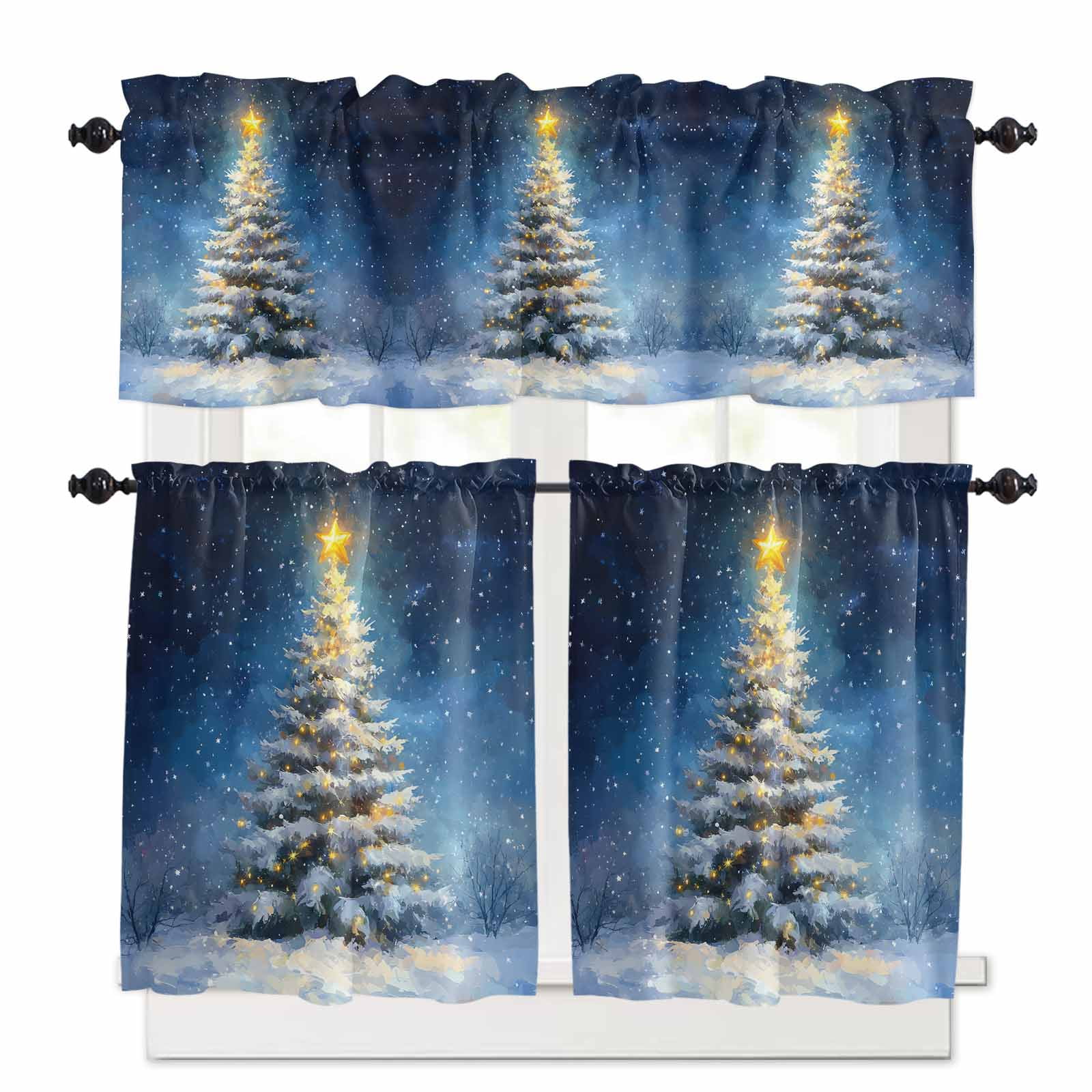 Christmas Night Kitchen Curtains and Valances Set, Xmas Tree Snowflake ...