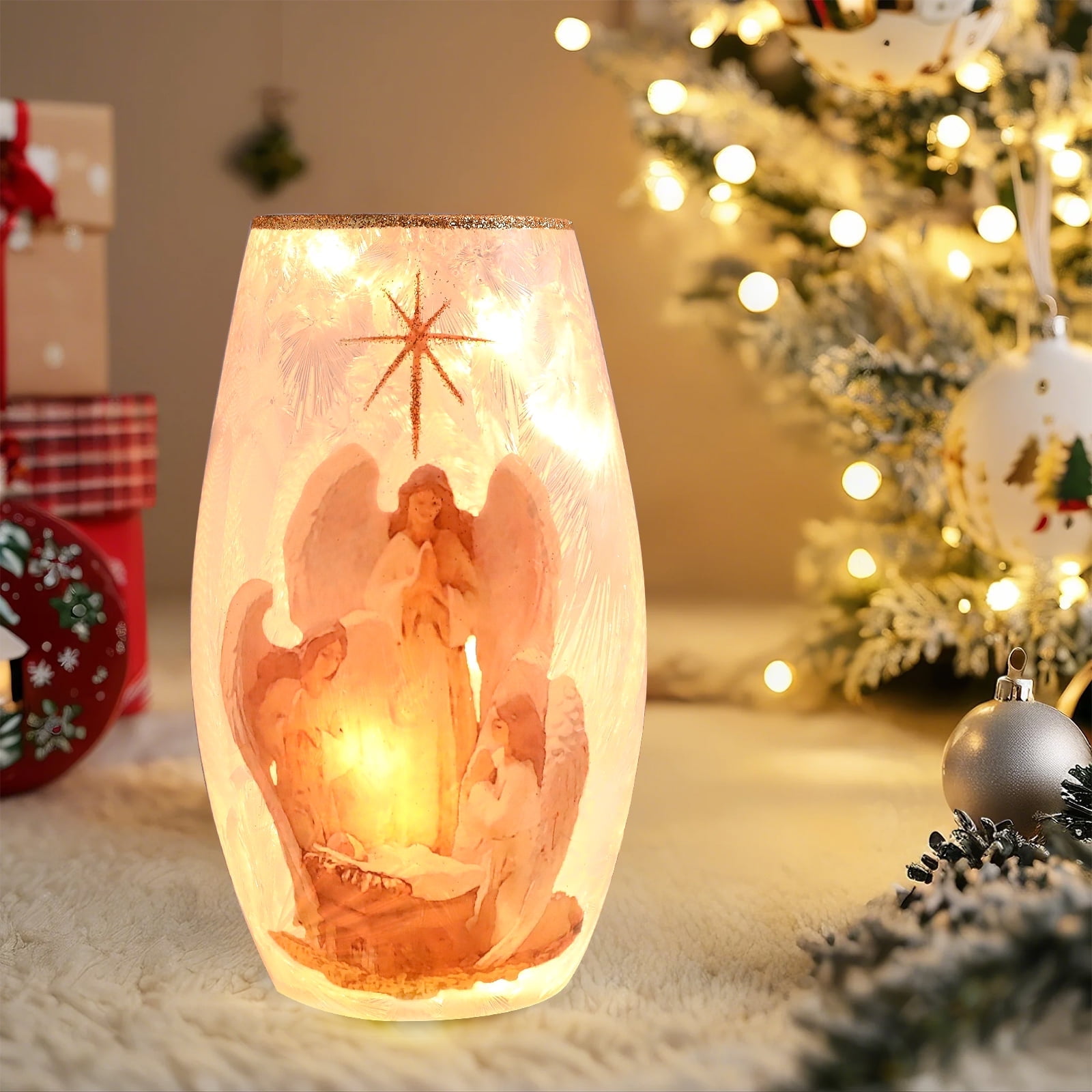 Christmas Night Light Tabletop Lamp-Light Up Angels Stained Glass ...