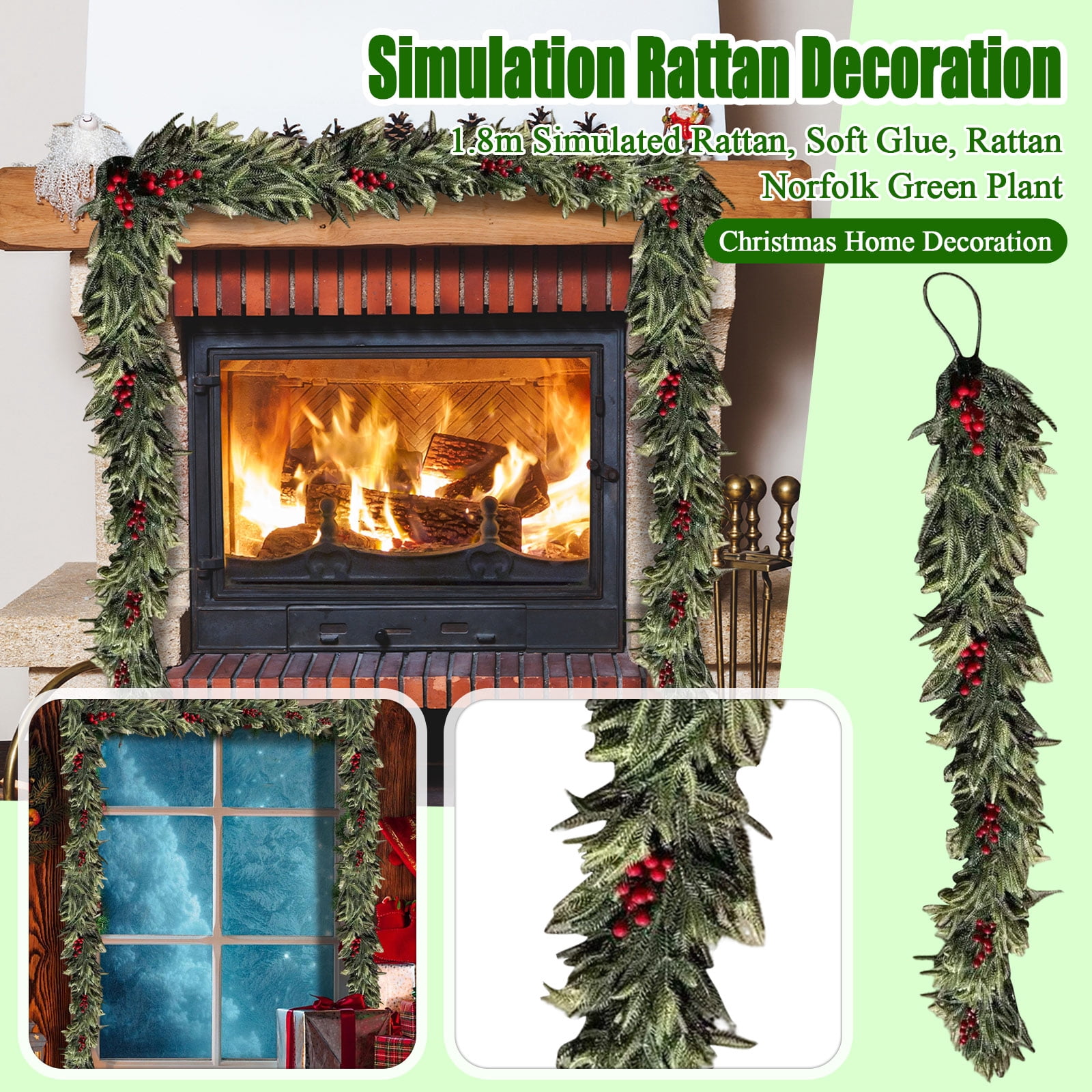 Christmas Norfolk Pine Garland with Red Berry, 6FT Real Touch Cedar ...