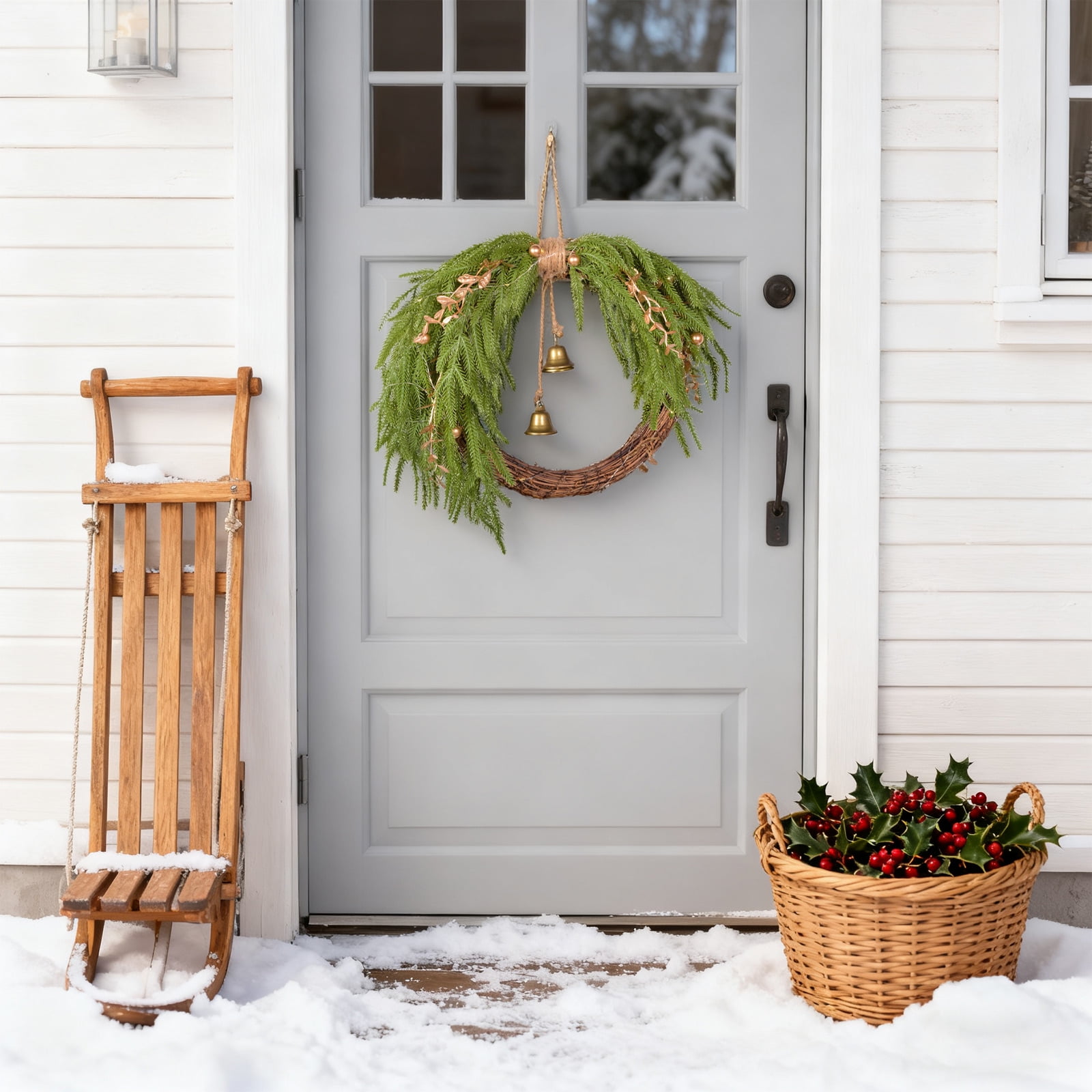 Christmas Norfolk Pine Wreath with Bell Artificial Norfolk Pine Wreath ...