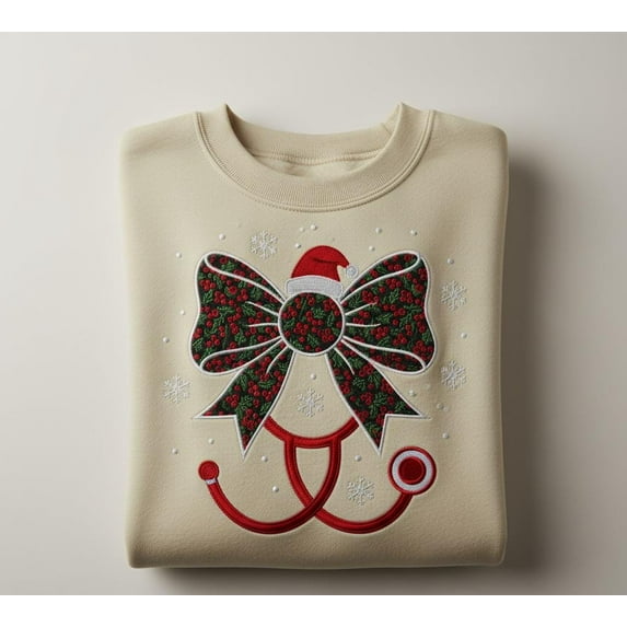 Christmas Nurse Bow Sweatshirt, Holiday Stethoscope Embroidery, Festive ...