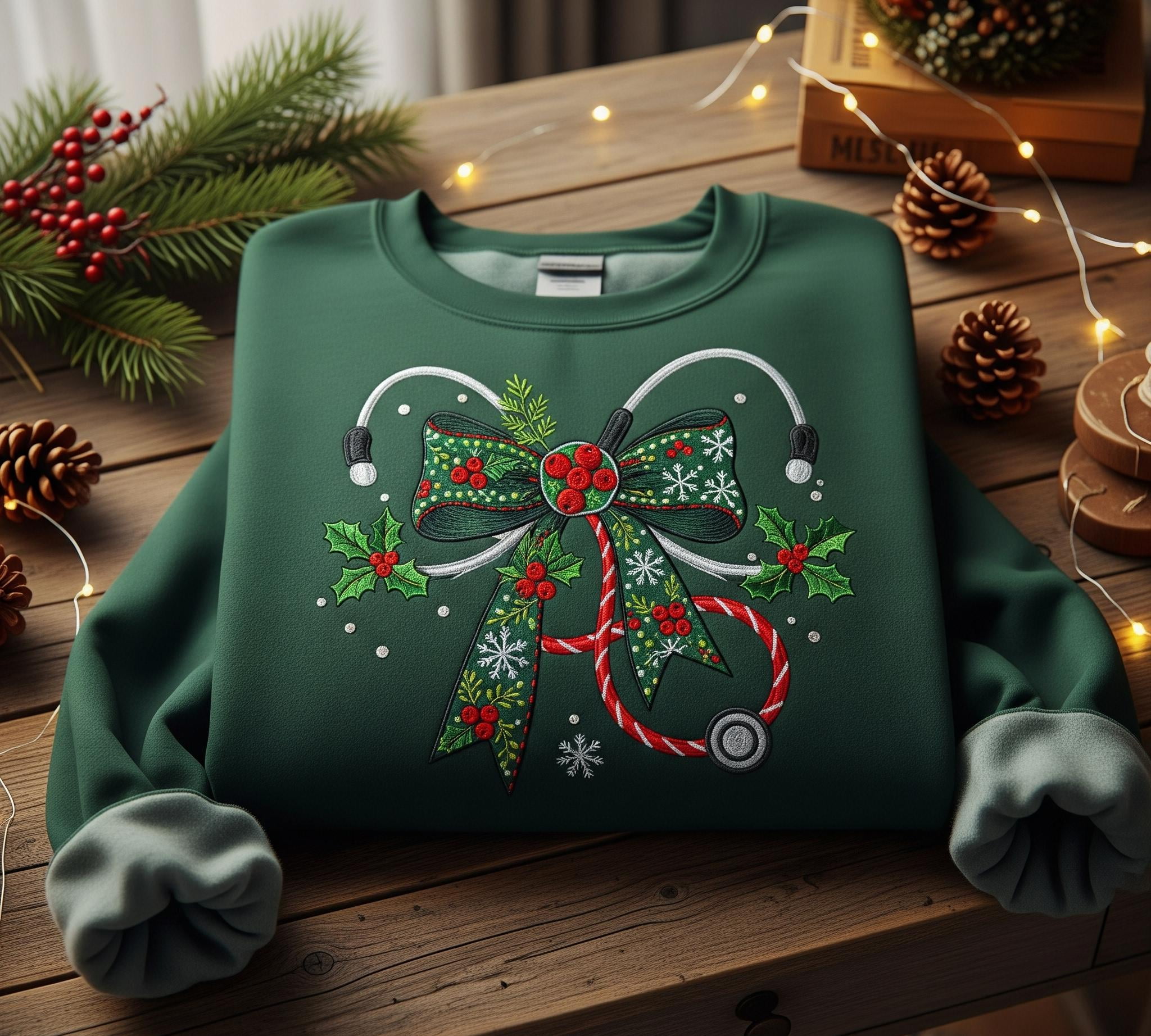 Christmas Nurse Embroidered Sweatshirt, Holiday Stethoscope Bow Medical ...