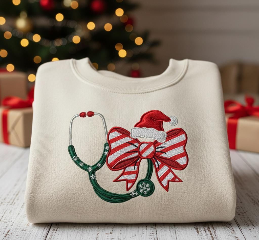 Christmas Nurse Sweatshirt, Stethoscope Bow Embroidery, Santa Hat ...