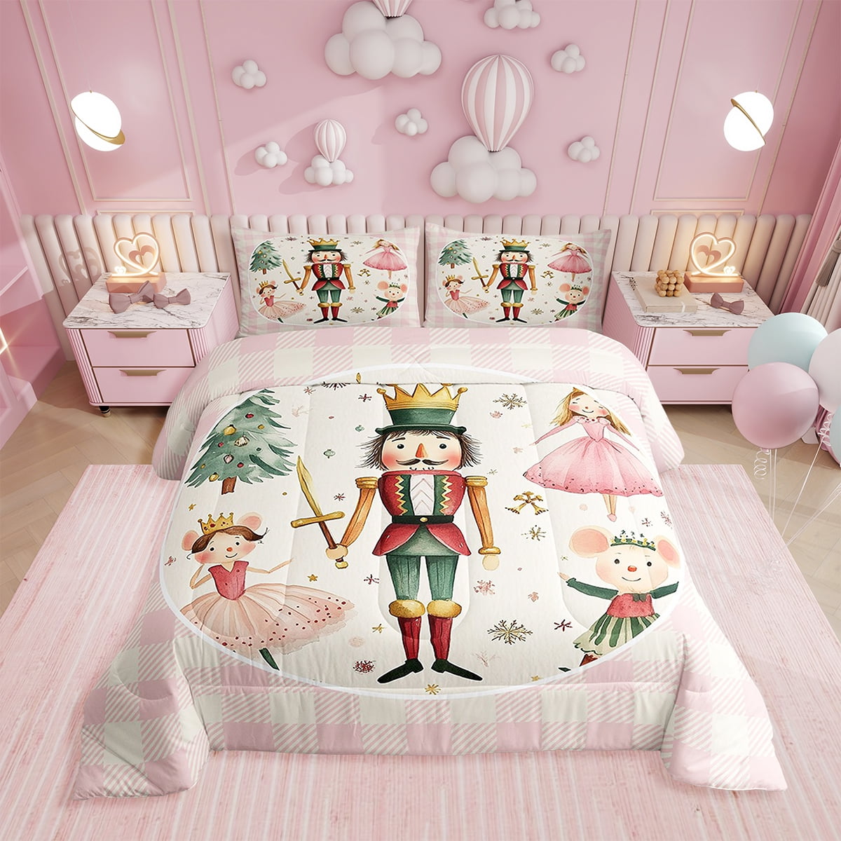 Christmas Nutcracker Comforter Set Full Pink White Buffalo Plaid Xmas ...