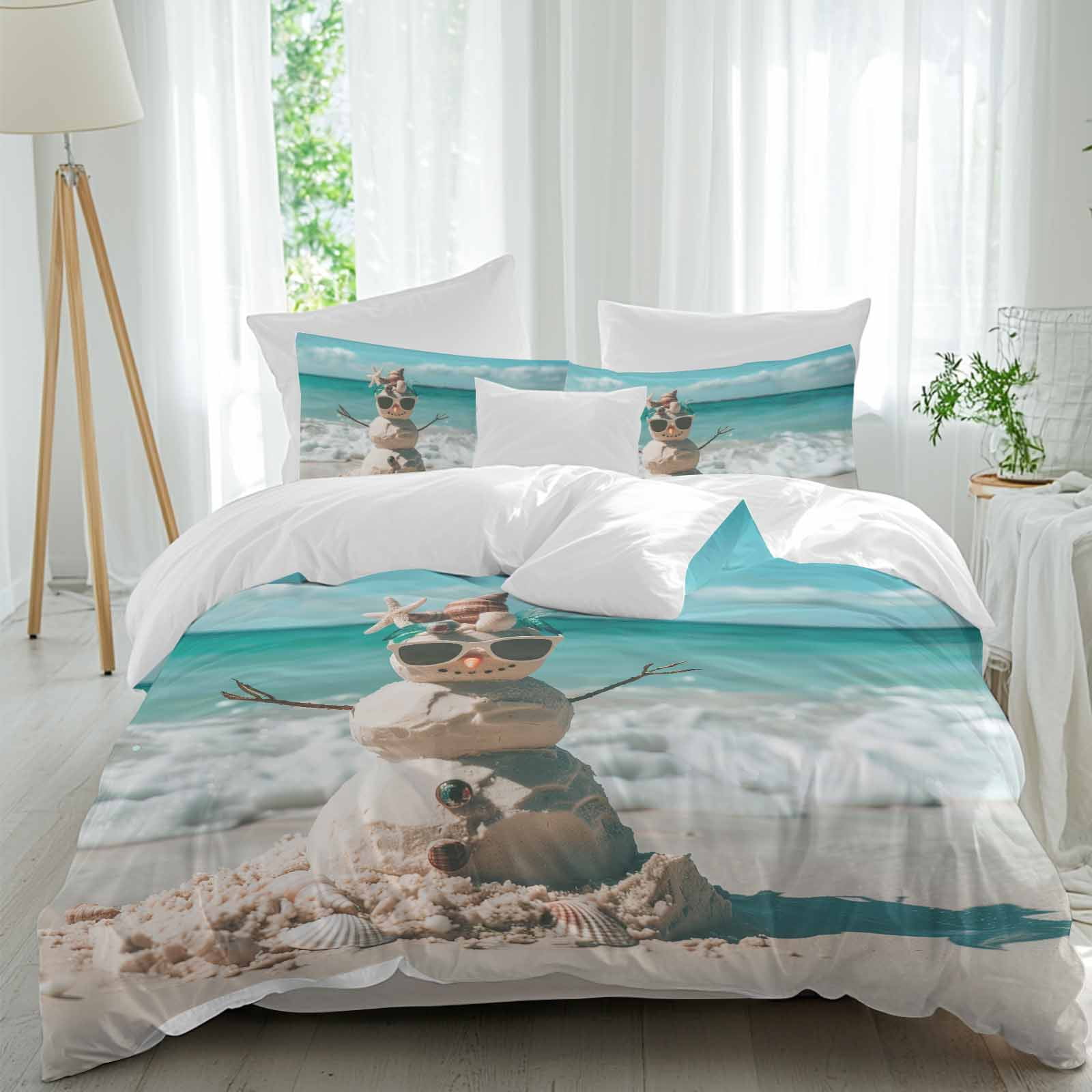 Christmas Ocean Duvet Cover Set Twin Size, Beach Shell Starfish Snowman ...