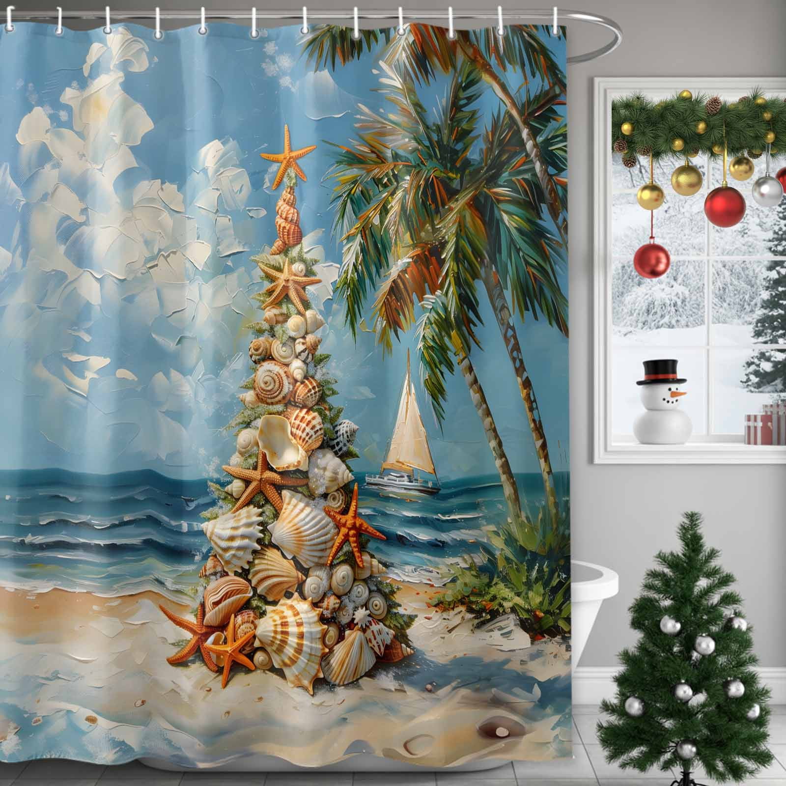 Christmas Ocean Shower Curtains for Bathroom, Seashell Starfish Xmas ...