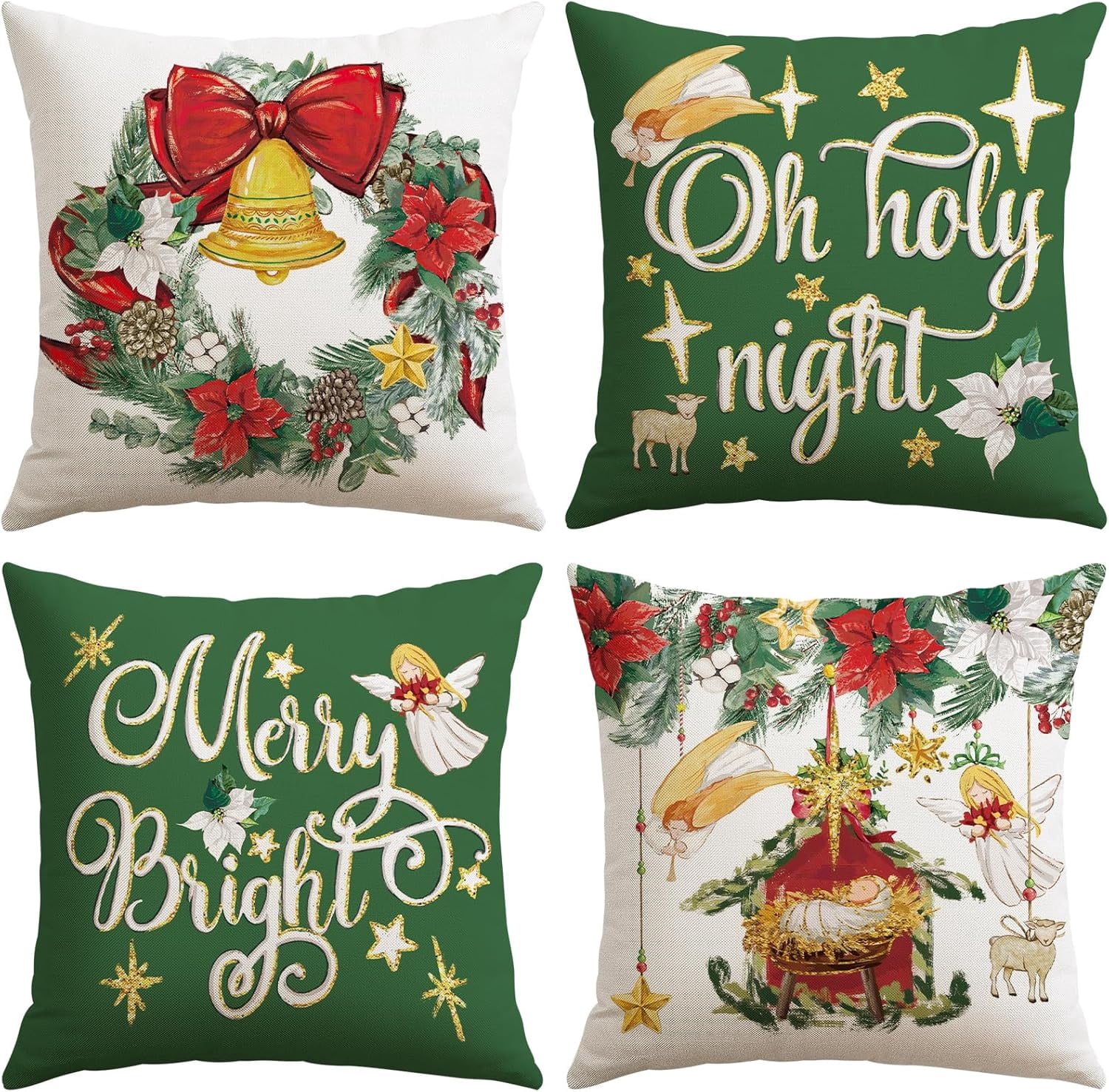 Christmas Oh Holy Night Merry Bright Jesus Wreath Throw Pillow Covers ...